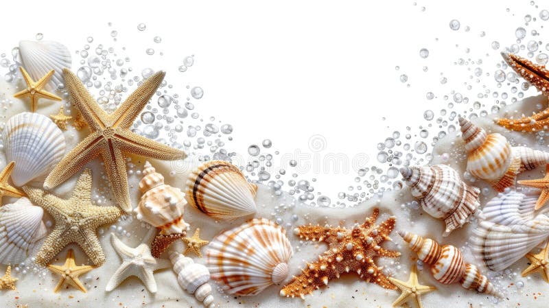 Sea Shells and Starfish on White Background, Suitable for Beach Themed ...