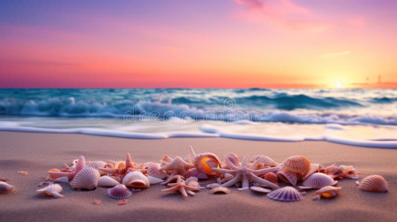 Sea Shells and Sea Stars on the Beach at Sunset, AI Stock Photo - Image ...