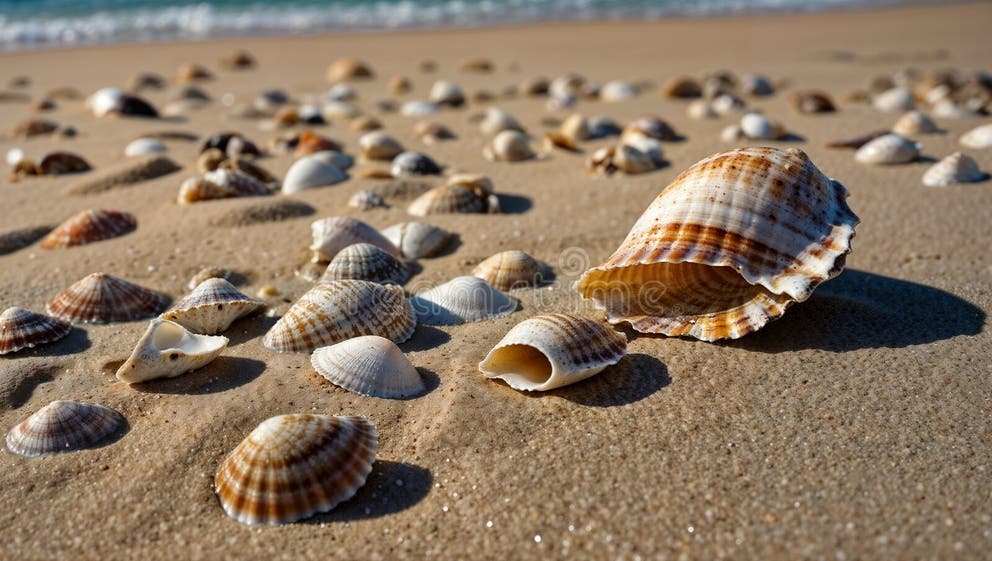 Sea Shells Washed Up on a Sandy Beach Stock Illustration - Illustration ...