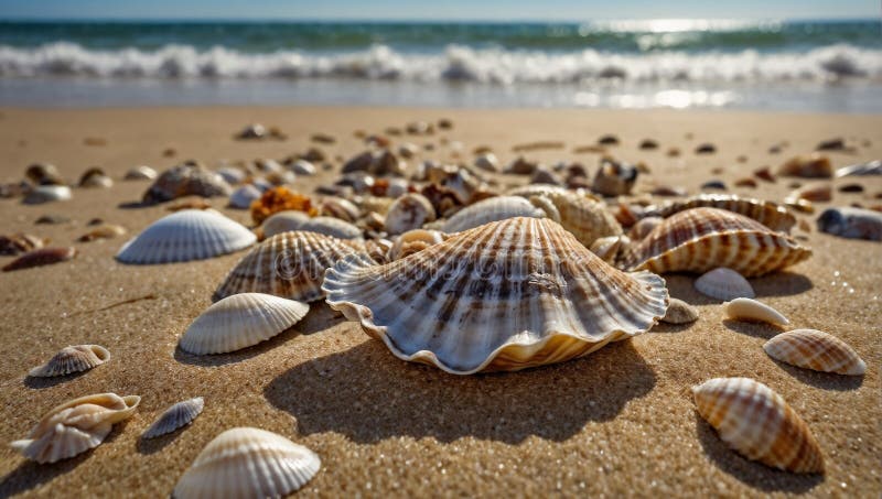 Sea Shells Washed Up on a Sandy Beach Stock Illustration - Illustration ...