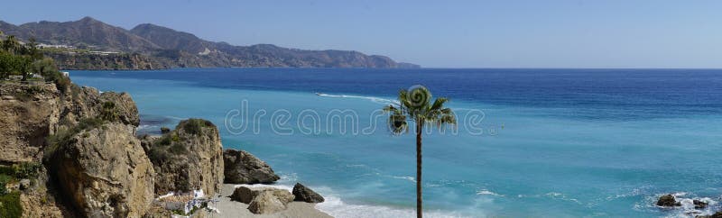 Sea Shore with Beach and Palm Tree in Nerja, Spain - Panorama Stock ...