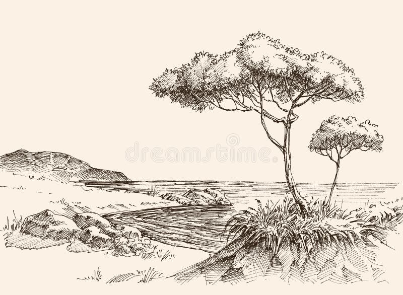 Sea Shore Hand Drawing, Sea View Stock Vector - Illustration of tree ...