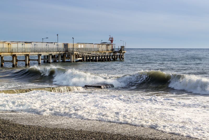 Sea Side Waves and Pier stock photo. Image of background - 53341938