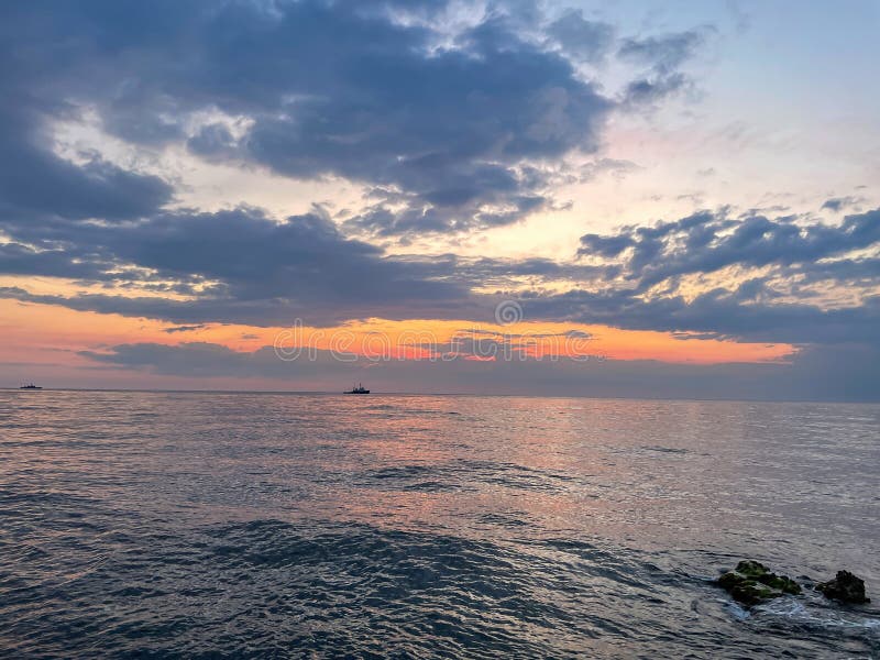 Sea Sky with Clouds Sunset Nature Landscape Ship in the Distance Stock ...