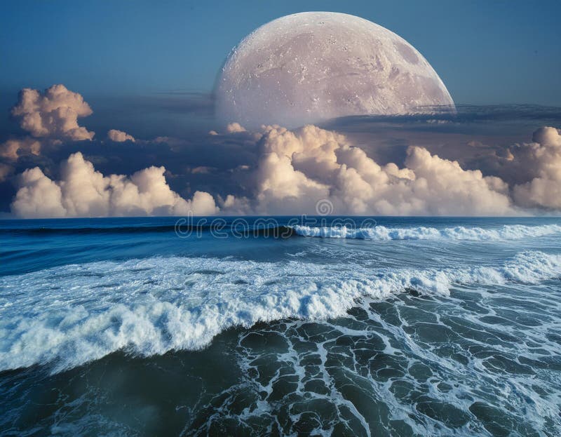 Sea, Sky and Storm at Night with Waves of Natural Disaster for Climate ...