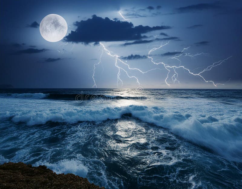 Sea, Sky and Storm at Night with Waves of Natural Disaster for Climate ...