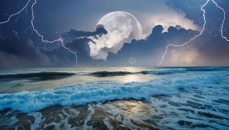 Sea, Sky and Storm at Night with Waves of Natural Disaster for Climate ...