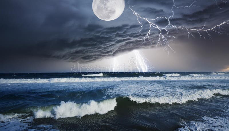 Sea, Sky and Storm at Night with Waves of Natural Disaster for Climate ...