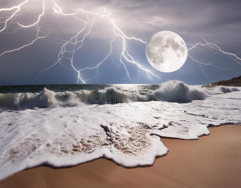 Sea, Sky and Storm at Night with Waves of Natural Disaster for Climate ...