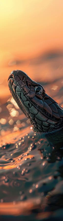 Sea Snake Emerging from Virtual Water Screen, Dawn Light, Low Angle ...