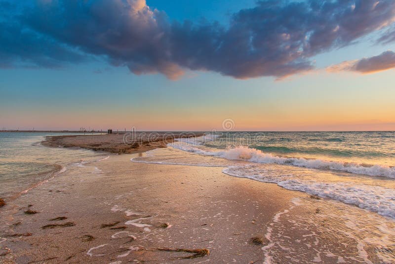 The Sea Spit is Washed from Both Sides by the Waves of the Sea, Sunset ...