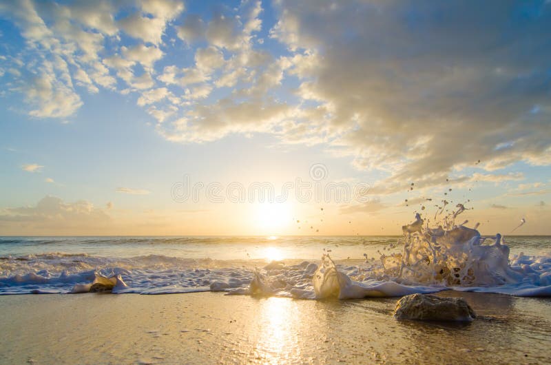 Sea splash at sunset stock photo. Image of wave, sunlight - 89889494