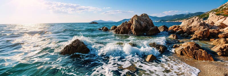 Sea with Splashing Waves. Panoramic View. Generative AI Stock ...