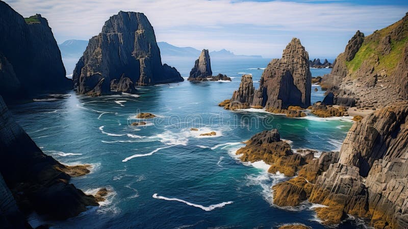 Sea Stacks and Waves on a Rugged Coast Stock Illustration ...