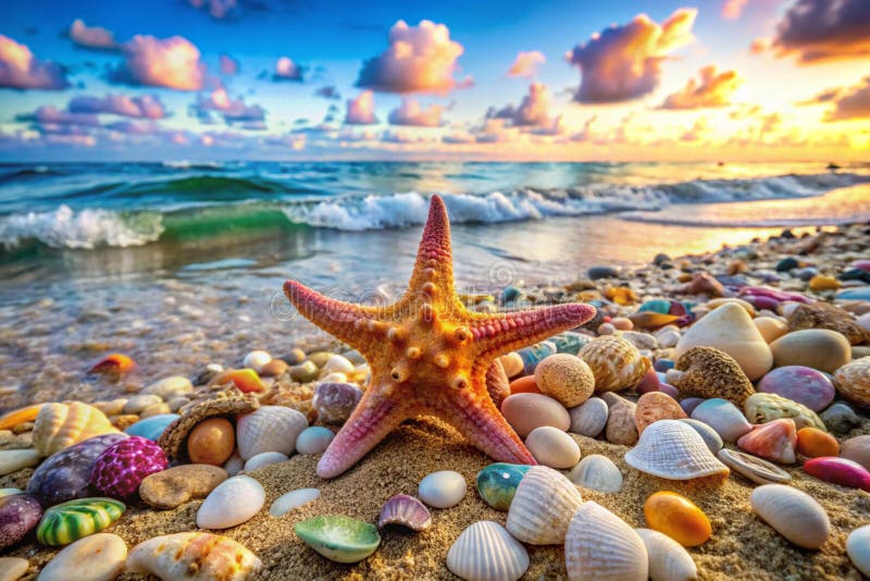 Sea Star and Colorful Shells on the Coastline Stock Illustration ...