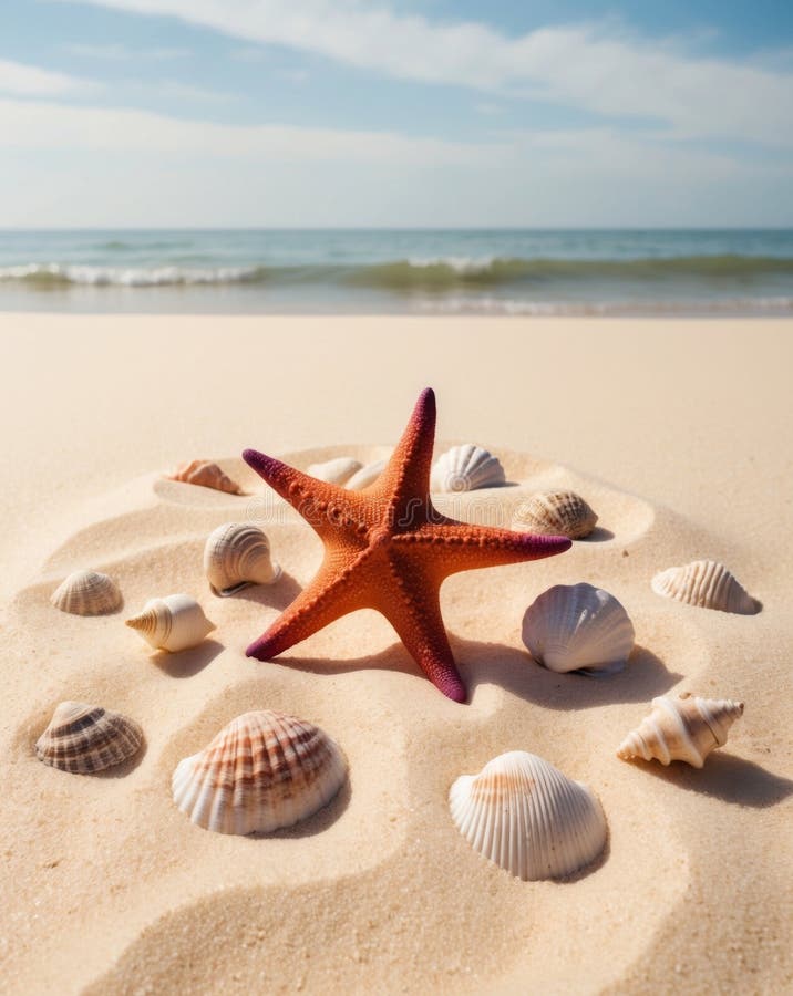 Sea Star and Sea Shells on Sandy Beach on Sunny Day Relaxation Concept ...