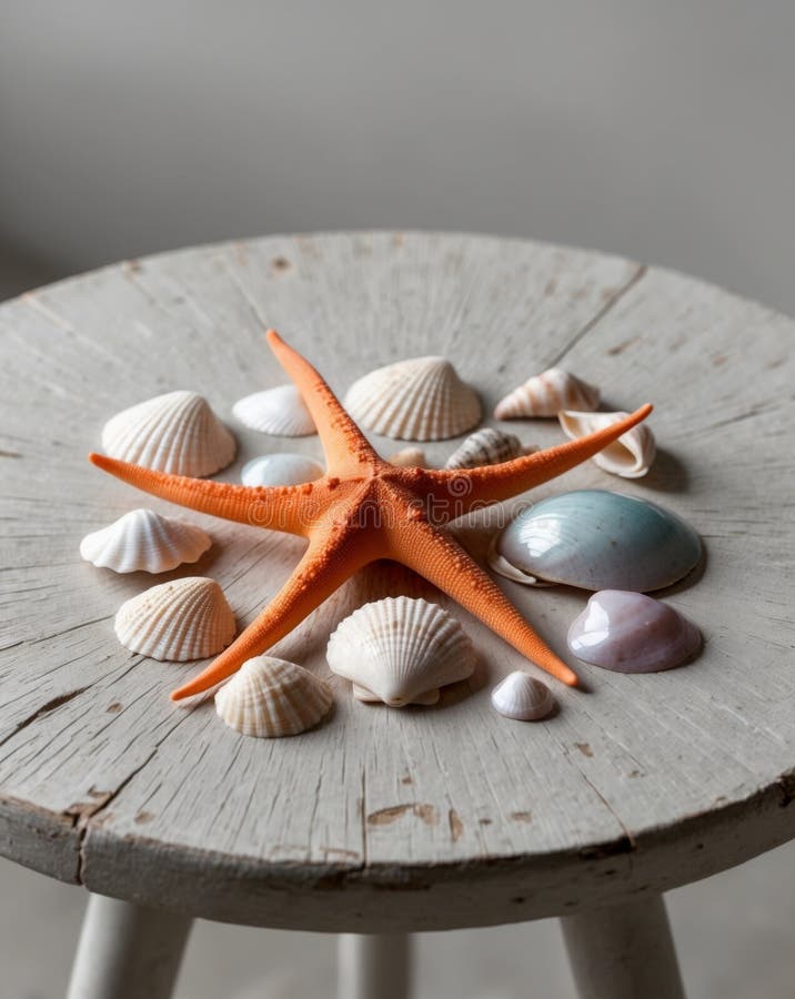 A Sea Star Surrounded by Various Types of Sea Shells on a Table. Stock ...