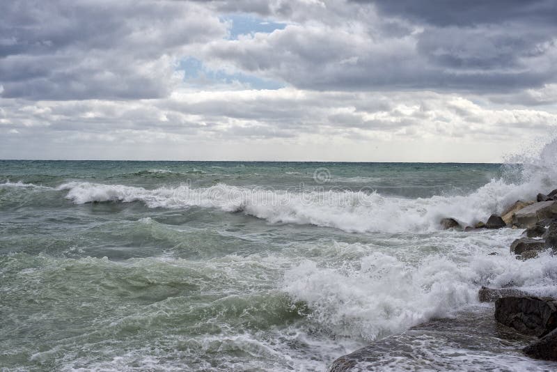 Stormy Weather on the Sea. Big Waves Strike Against Shallow Water Stock ...