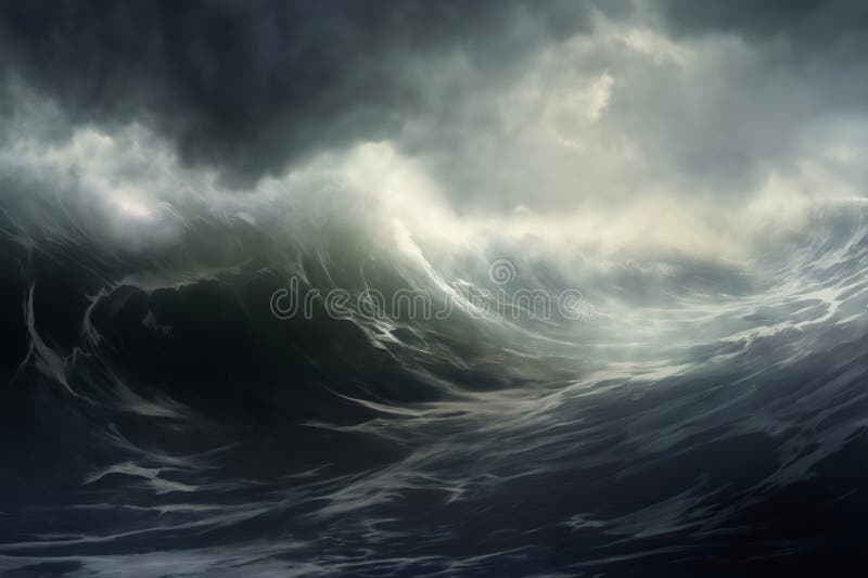 Sea Storm, Dark Dramatic Stormy Sky with Cumulus Clouds Over Waves for Abstract Background Stock ...