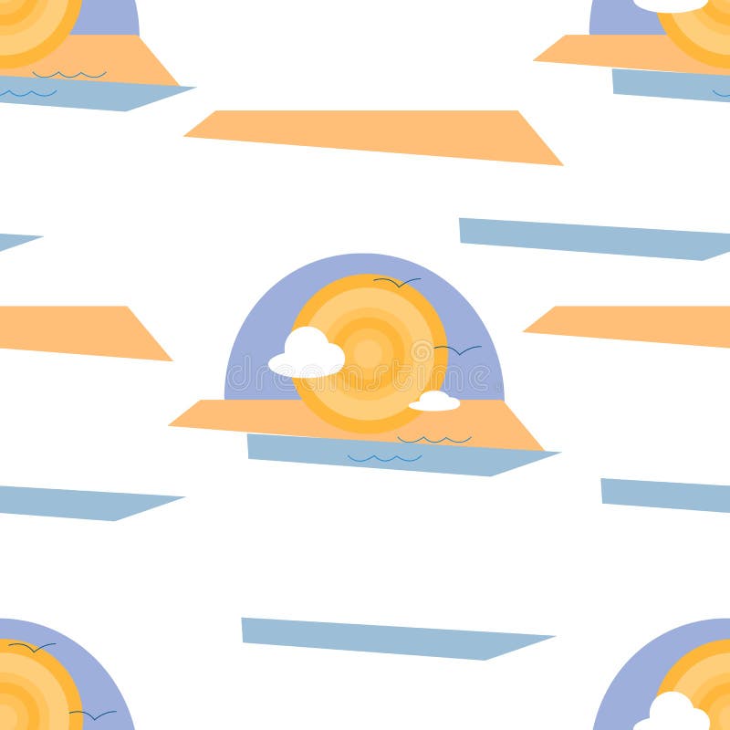 Sea, Sun, Sand and Clouds Abstract Illustration Seamless Pattern on ...