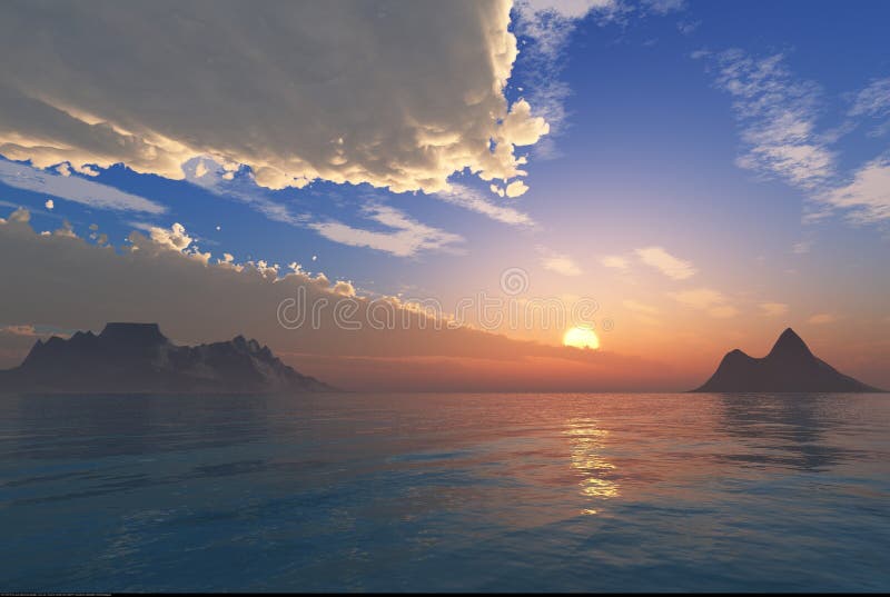 Sea Sunset, Ocean Sunrise, Sun Over Water Surface, 3d Rendering Stock ...