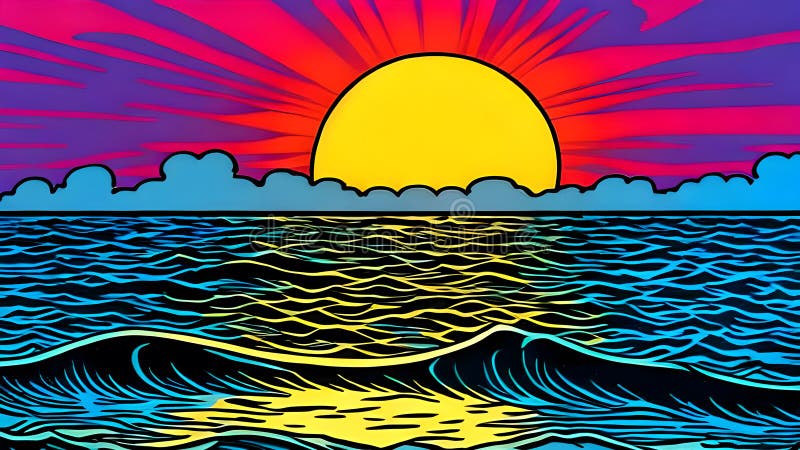 Sea at Sunset - Retro Comic Book Style Seascape Stock Illustration ...