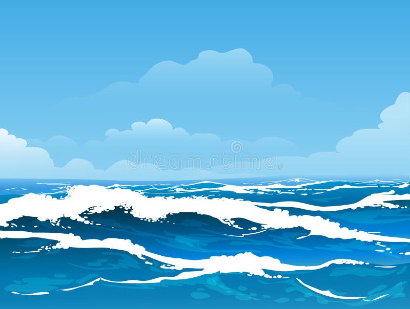 Sea Surface Cartoon Seascape with Waves Sky and White Clouds ...