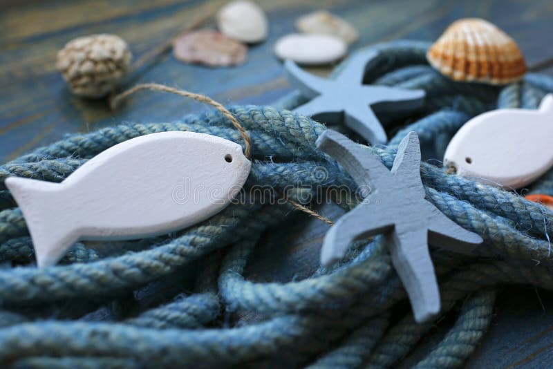Sea Theme Decoration: Fish, Starfish, Shells and Blue Stock Image ...