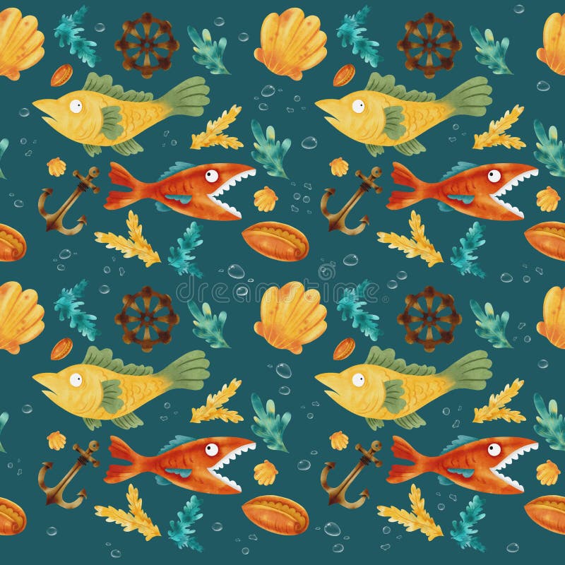 Sea Theme Pattern with Fish Stock Illustration - Illustration of ...