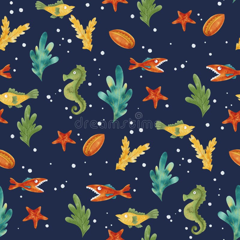 Sea Theme Seamless Pattern with Funny Fish Stock Illustration ...