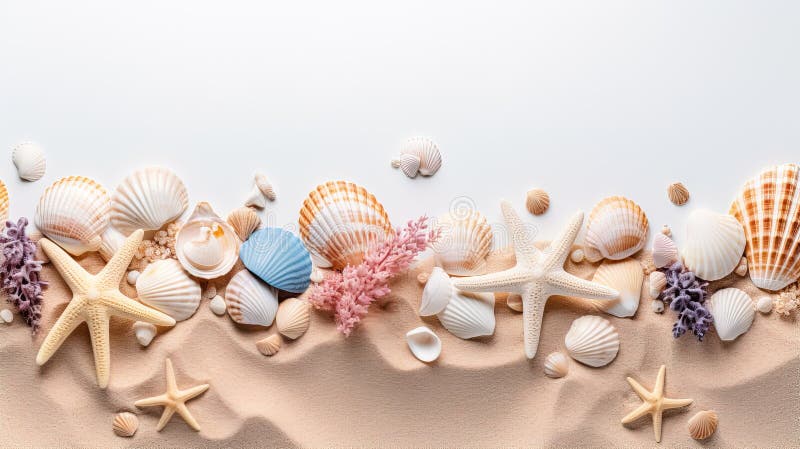 Sea Themed Horizontal Banner with Starfish, Sand, Sea Shells, Top View ...