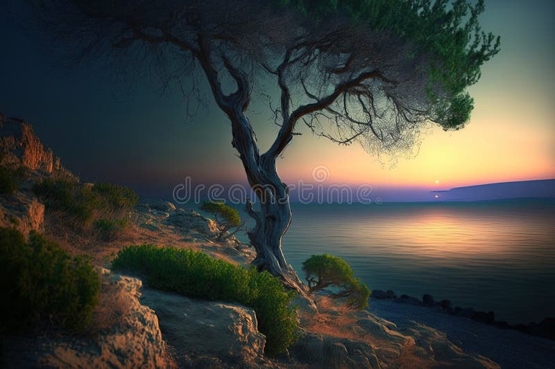 Sea and Tree at Dusk. Crimean Countryside Natural Scenery Stock ...