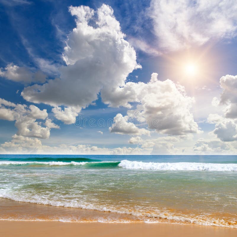 Sea Tropical Beach and Sun on Blue Sky Stock Photo - Image of splash ...