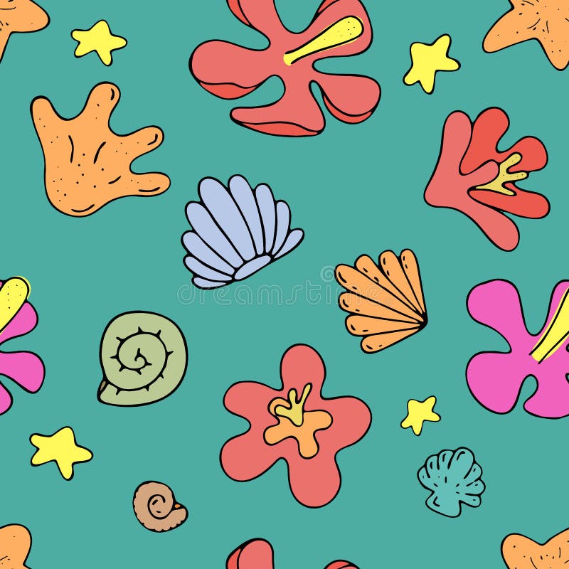 Sea and Tropical Shells and Flowers, Vector Seamless Pattern of Doodle ...