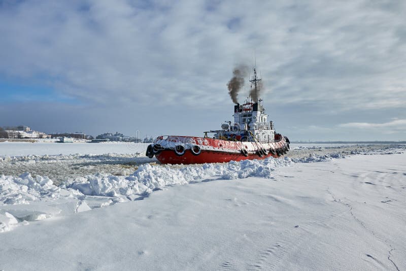Sea tug in winter stock photo. Image of industry, harbor - 142054774
