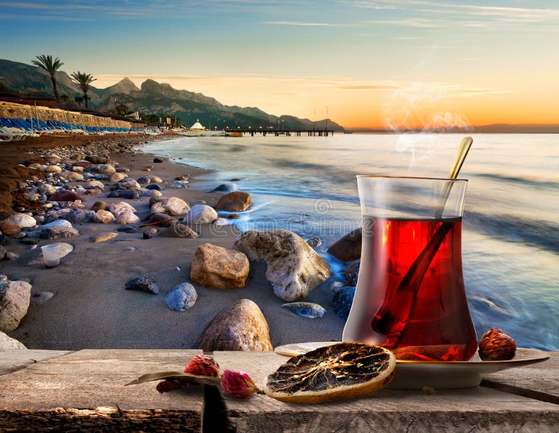 Sea and turkish tea stock image. Image of evening, lemon - 139627369