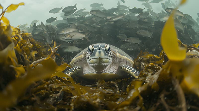 Sea Turtle Amidst Kelp Forest and Fish School Stock Image - Image of ...