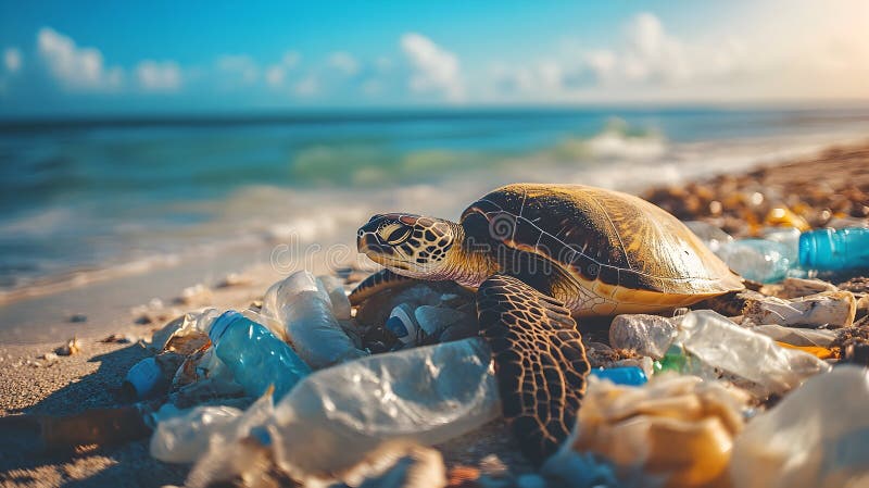 Sea Turtle Amongst Ocean Pollution on Pristine Beach Stock Photo ...