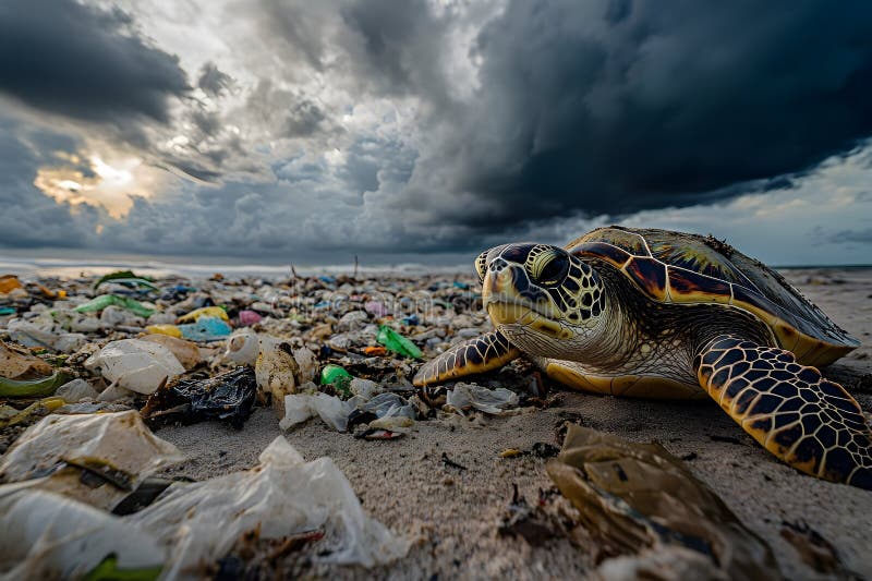 Sea Turtle Amongst Ocean Pollution on Stormy Beach Stock Photo - Image ...