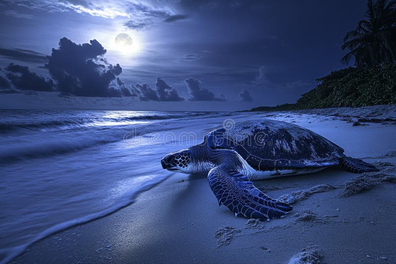 A Sea Turtle Basks in the Moonlight on a Tropical Beach, with Gentle ...