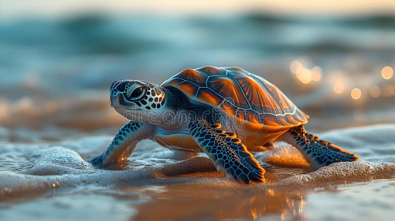 Sea Turtle on the Beach at Sunset Stock Illustration - Illustration of ...