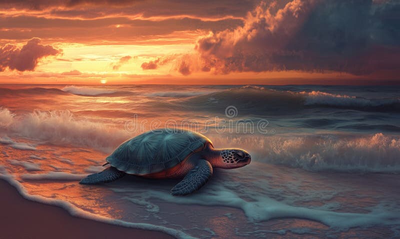 Sea Turtle on Beach at Sunset with Waves and Dramatic Clouds Stock ...