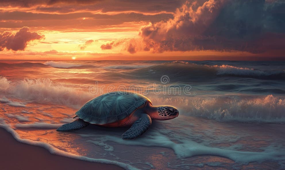 Sea Turtle on Beach at Sunset with Waves and Dramatic Clouds Stock Photo - Image of horizon ...