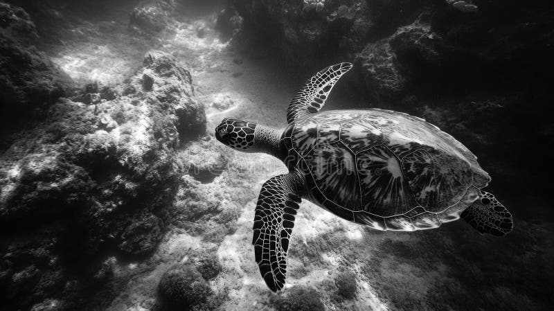 Sea Turtle in Black and White Stock Photo - Image of shell, black ...