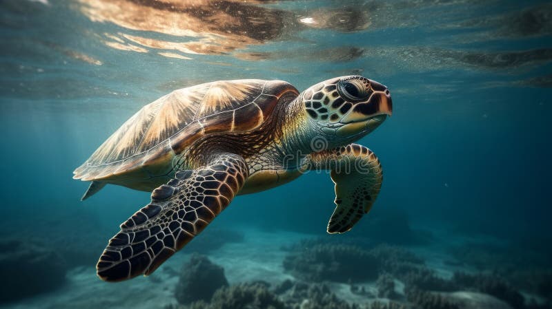 Sea Turtle in Blue Ocean Near Plankton with Sun Rays. Generative AI ...