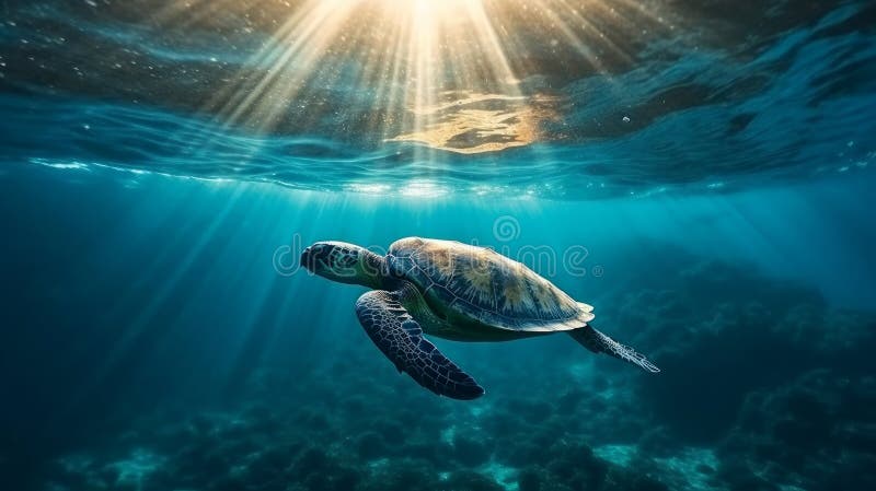 Sea Turtle in Blue Ocean Near Plankton with Sun Rays. Generative AI ...