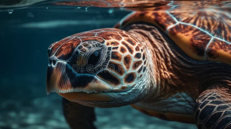 Sea Turtle in Blue Ocean Near Plankton with Sun Rays. Generative AI ...