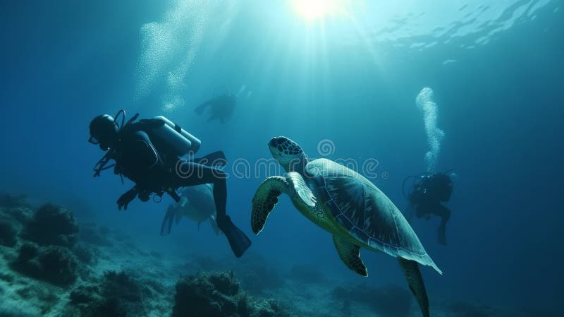 Sea Turtle in Blue Ocean Near Plankton with Sun Rays. Generative AI ...