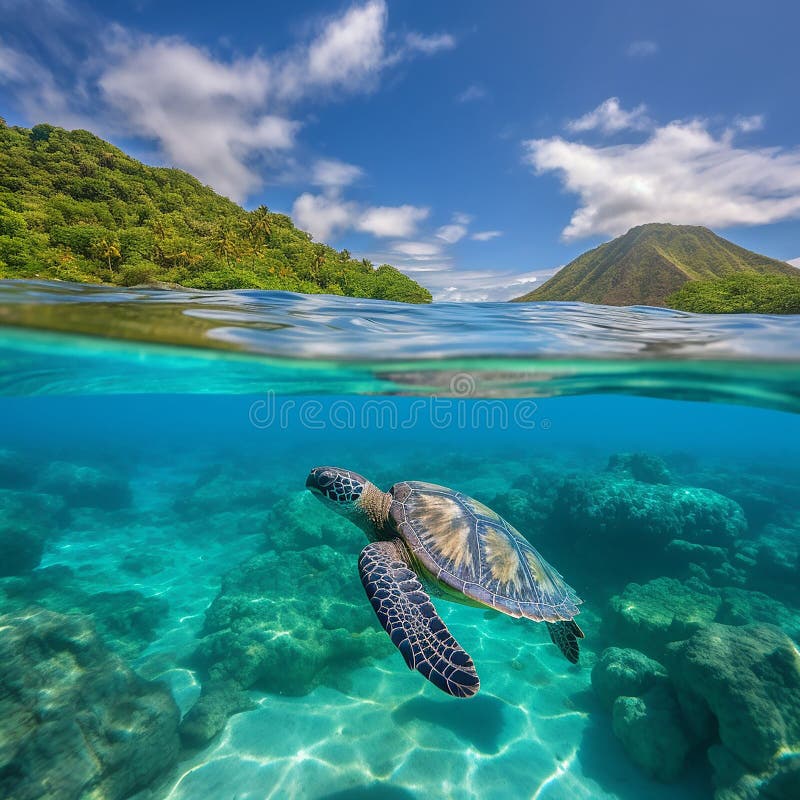 Sea Turtle in Blue Water. Friendly Sea Turtle Underwater Photo. Stock ...