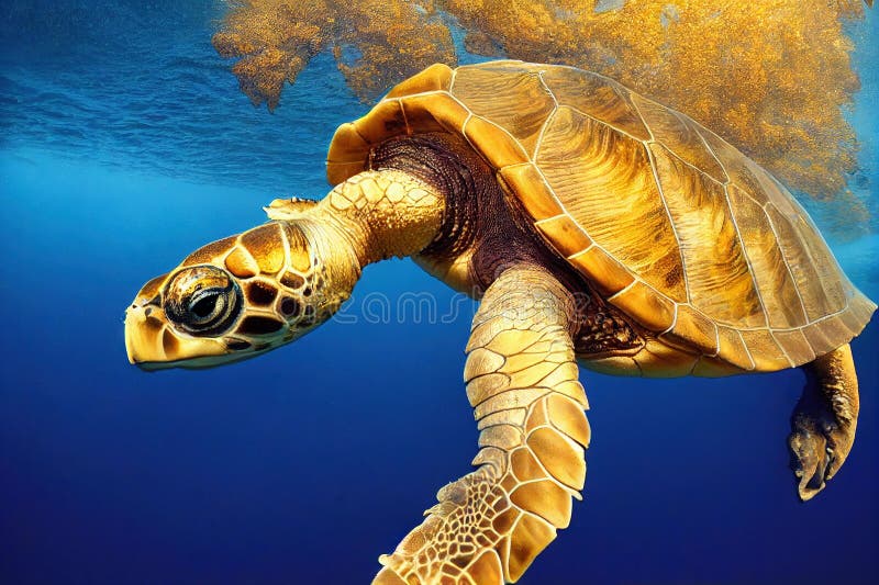 Sea Turtle in Blue Water of Ocean Under Rays of Sun Stock Illustration ...